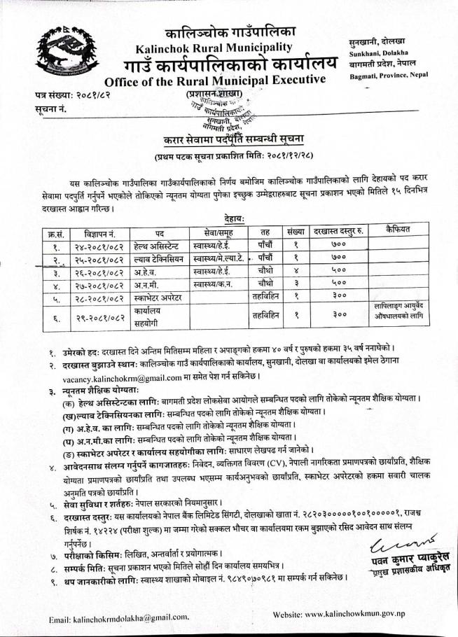 Kalinchowk Rural Municipality Vacancy for Various Posts | E. Health Network